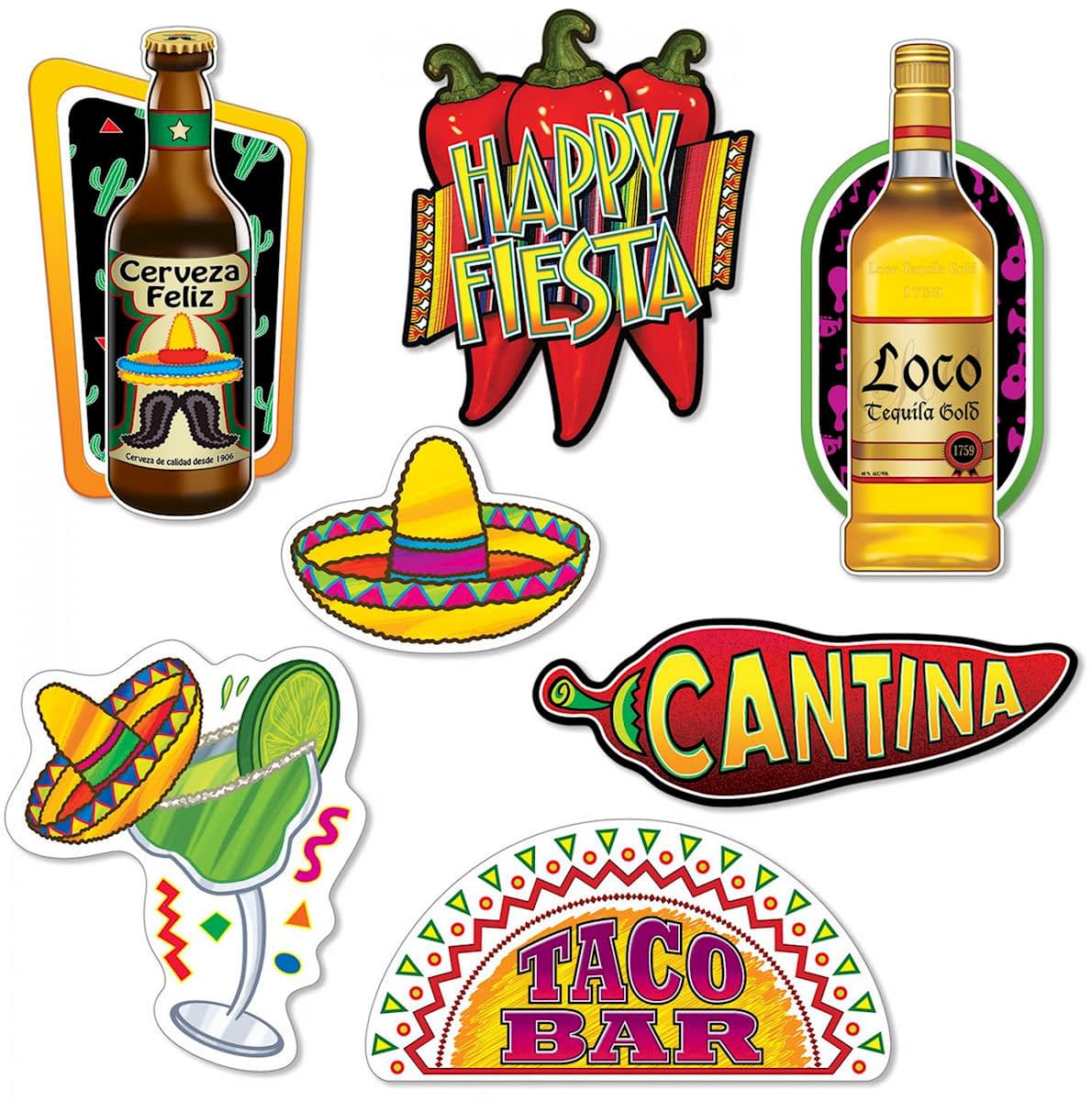 Decorations :: Nationality :: 7 Mexican Fiesta Cardboard Cutouts 22 - 40 cm